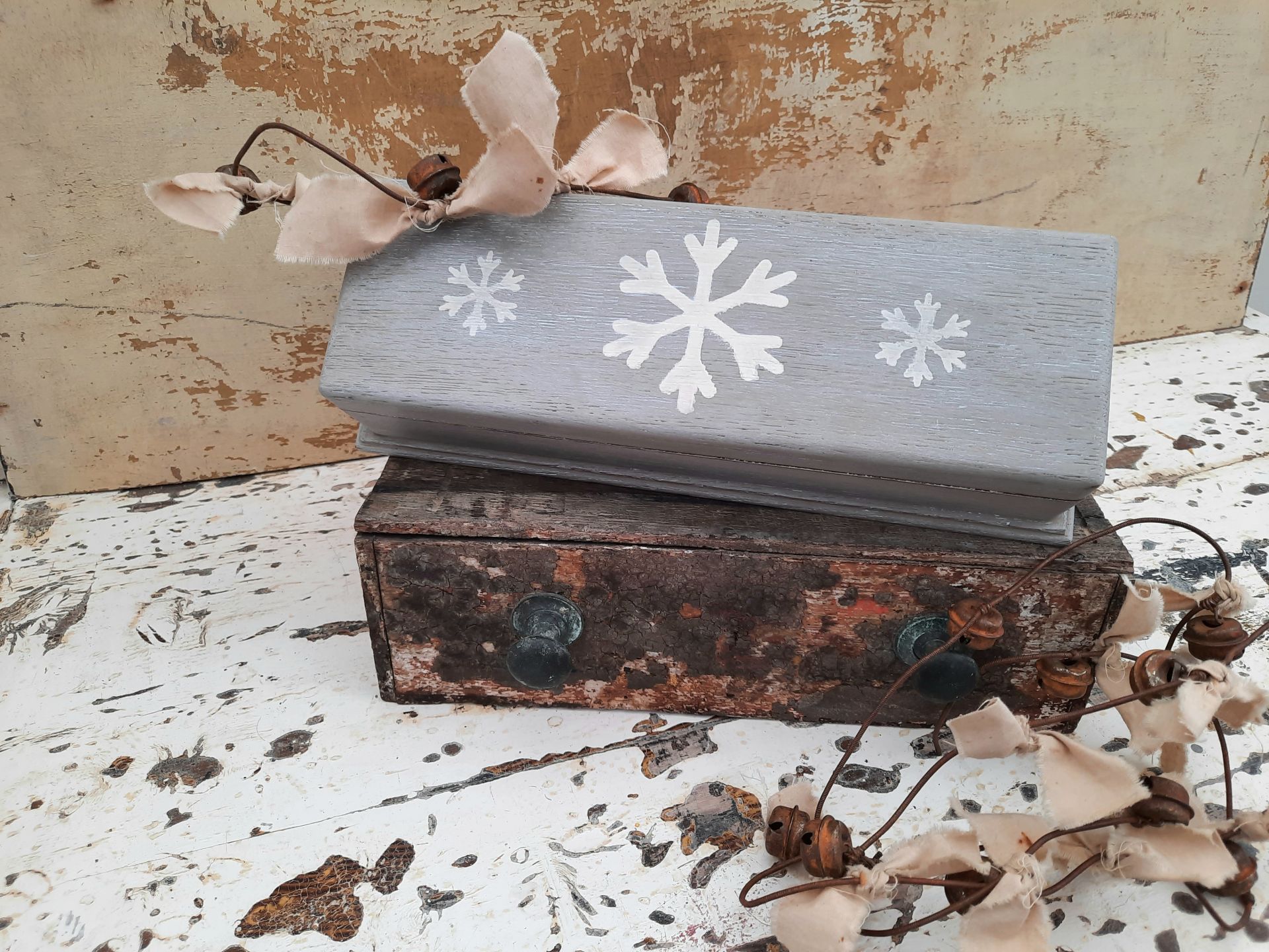 Long Painted Wooden Snowflake Box for Sale - SALE - Trunk Vintage Furniture